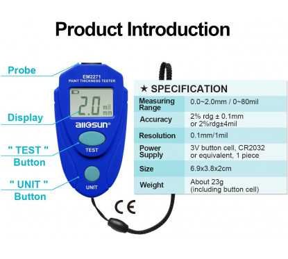 ALLOSUN-EM2271 Digital Painting Thickness Meter Mini LCD Car Coating ...